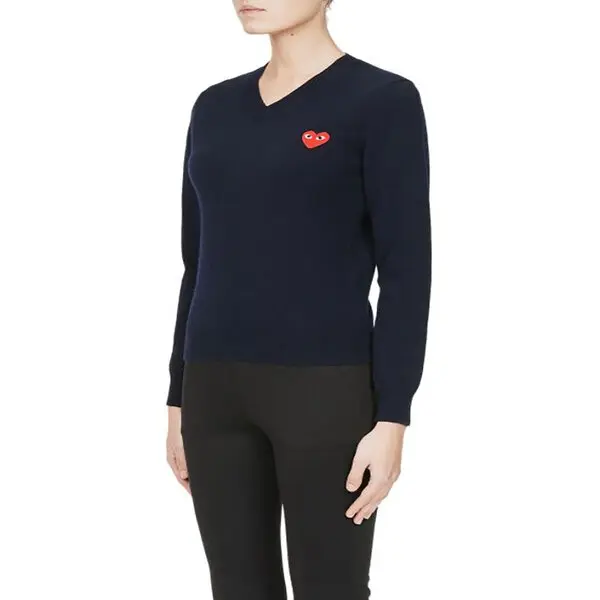 Play Comme Des Garcon V-neck Long Sleeve T-shirt With Red Emblem