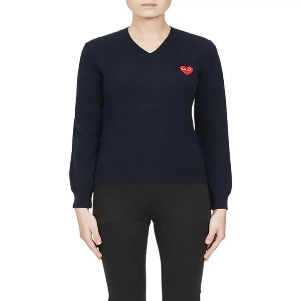 Play Comme Des Garcon V-neck Long Sleeve T-shirt With Red Emblem