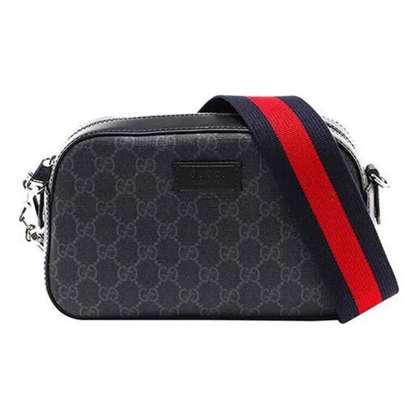 Gucci Logo Stripe Webbing Leather Shoulder Bag - Black/grey