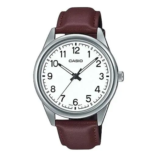 Casio Mtp-v005l-7b4 Analog Dress Watch With Brown Leather Strap - Silver
