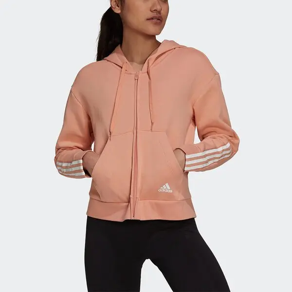 Adidas Drawstring Hooded Zip-up Jacket With Striped Sleeves