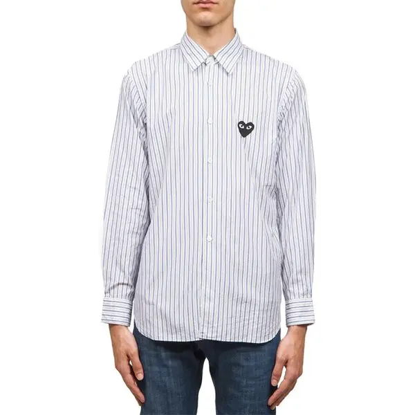 Play Comme Des Garcon Striped Shirt Black Emblem - Blue