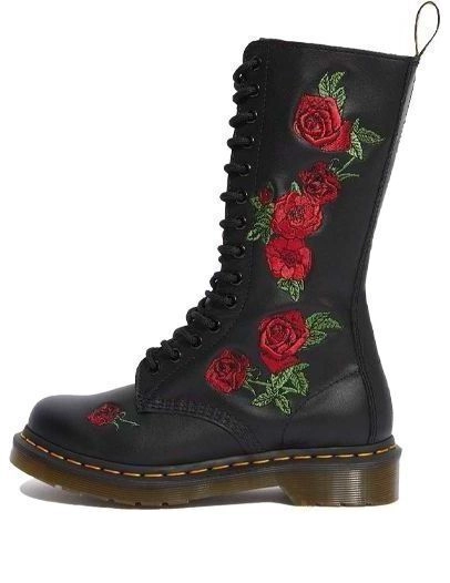 Dr. Martens 1914 Vonda Embroidered Leather Mid Calf Boots - Black/red