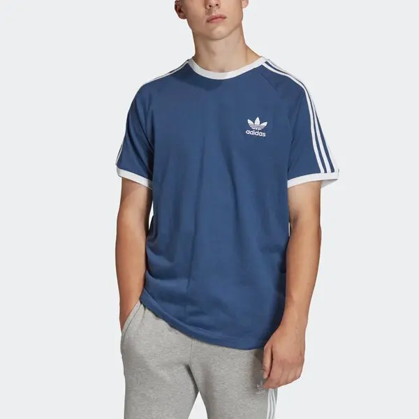 Adidas Originals 3-stripes Tee Casual Round Neck Loose Logo Stripe Short Sleeve Ocean - Blue