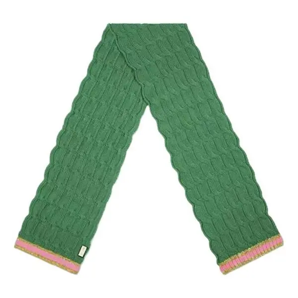Gucci Cable Knit Scarf With Pink And Gold Striped Hem - Green