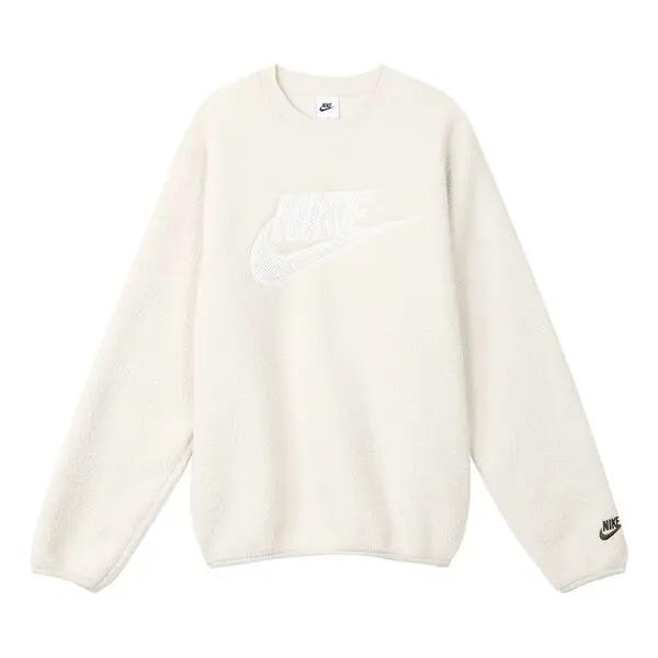 Nike Logo Embroidered Loose Suede Round Neck Pullover Beige - Default Color