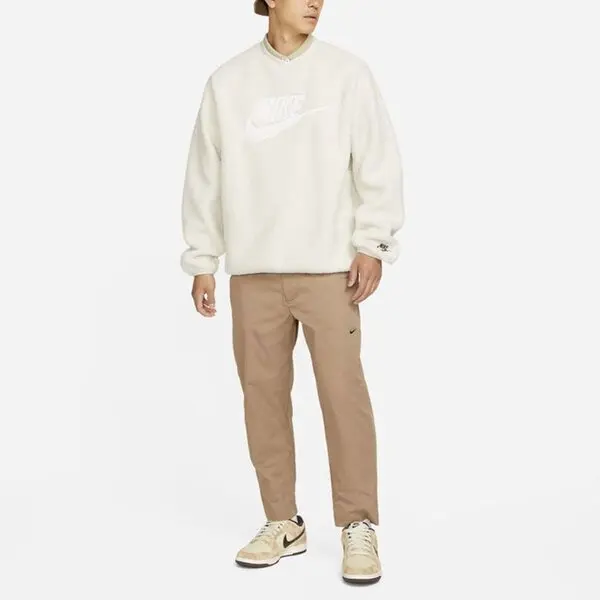 Nike Logo Embroidered Loose Suede Round Neck Pullover Beige
