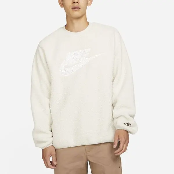Nike Logo Embroidered Loose Suede Round Neck Pullover Beige
