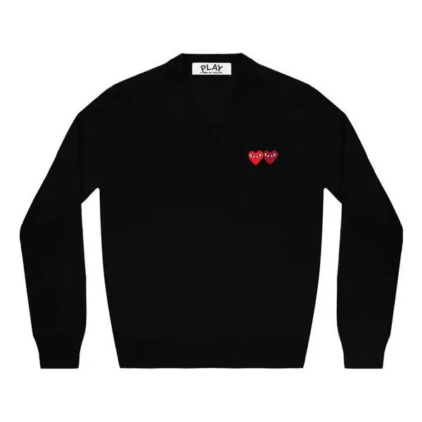 Play Comme Des Garcon V-neck Pullover With Double Emblem - Black