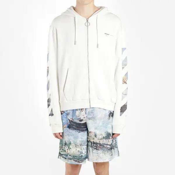 Off-White Zipped Up Printed Hooded Sweater