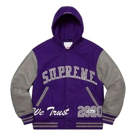 Supreme King Hooded Varsity Jacket - Purple/grey