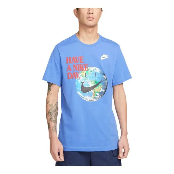 Nike Earth Pattern Logo Printing Round Neck Short Sleeve Light Racing Blue T-shirt - Multi-color