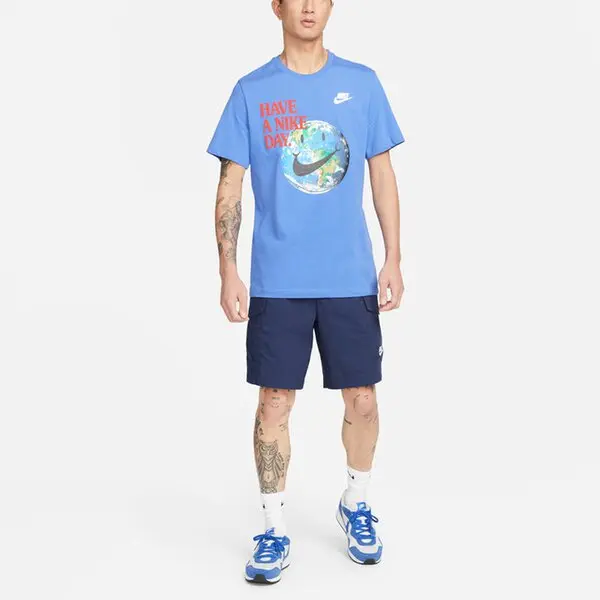 Nike Earth Pattern Logo Printing Round Neck Short Sleeve Light Racing Blue T-shirt