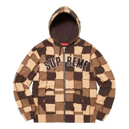 Supreme Reverse Patchwork Zip Up Hooded Sweatshirt - Brown/tan