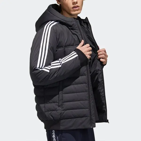 Adidas Puff Hooded Down Jacket With Signature Stripes