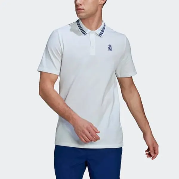 Adidas Real Madrid Solid Color Stripe Casual Short Sleeve Polo Shirt White