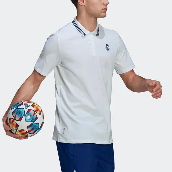Adidas Real Madrid Solid Color Stripe Casual Short Sleeve Polo Shirt White