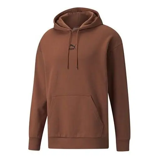 PUMA Classics Oversized Casual Sports Drawstring Hooded Long Sleeve Top - Brown