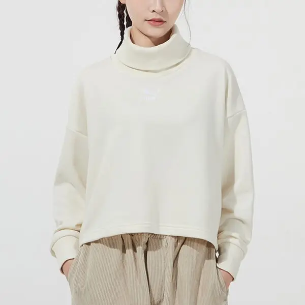 PUMA Classics Logo Embroidery High Neck Cropped Sweatshirt - Ivory