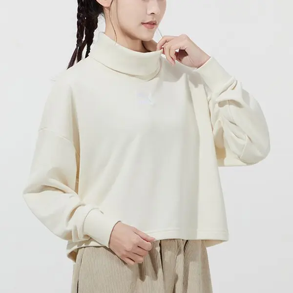 PUMA Classics Logo Embroidery High Neck Cropped Sweatshirt - Ivory