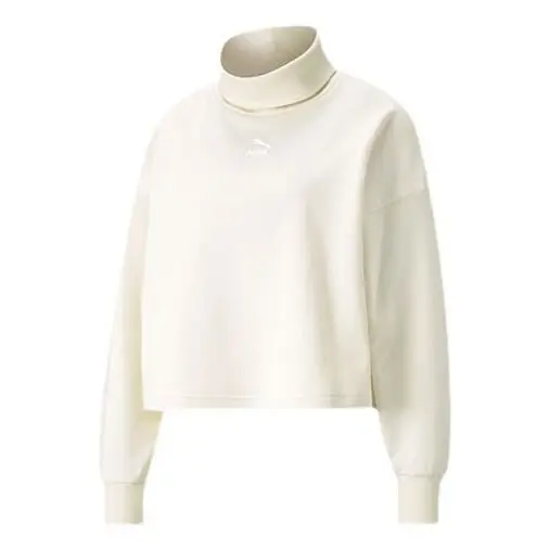 PUMA Classics Logo Embroidery High Neck Cropped Sweatshirt - Ivory