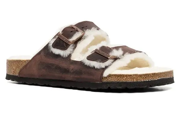 BIRKENSTOCK Arizona Shearling Oiled Leather Slides - Brown