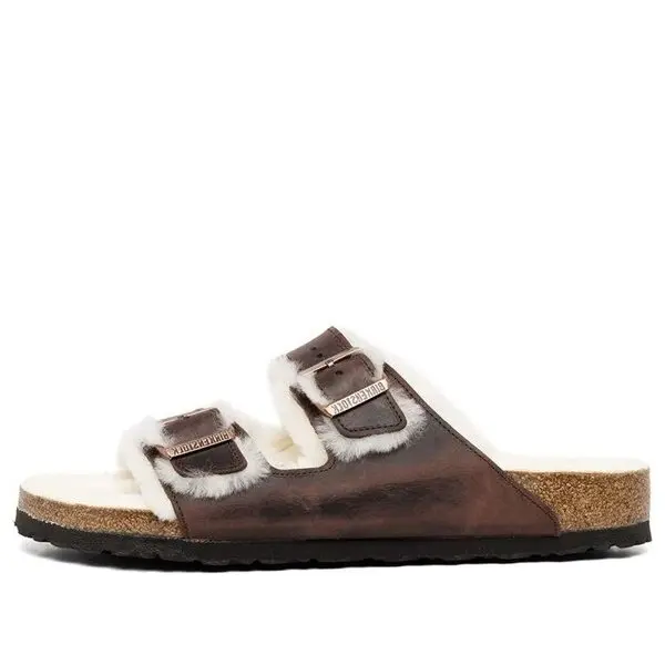 BIRKENSTOCK Arizona Shearling Oiled Leather Slides - Brown
