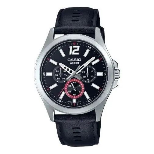 Casio Analog Watch With Leather Strap - Black/silver/red