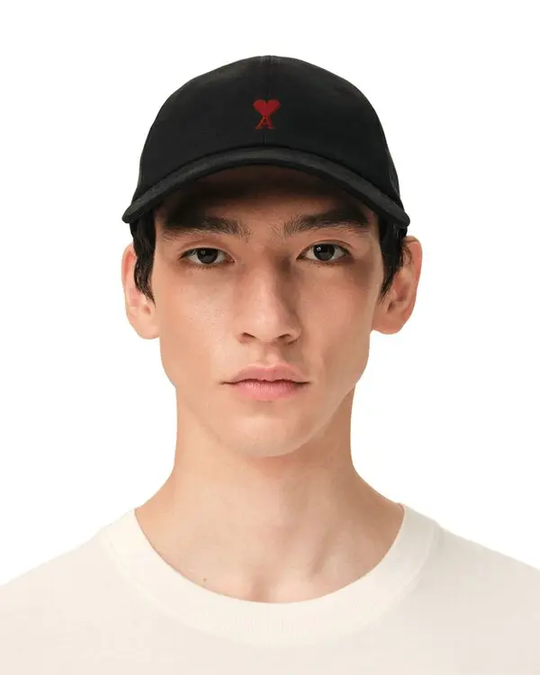 AMI Paris Cotton De Coeur Embroidery Cap - Black