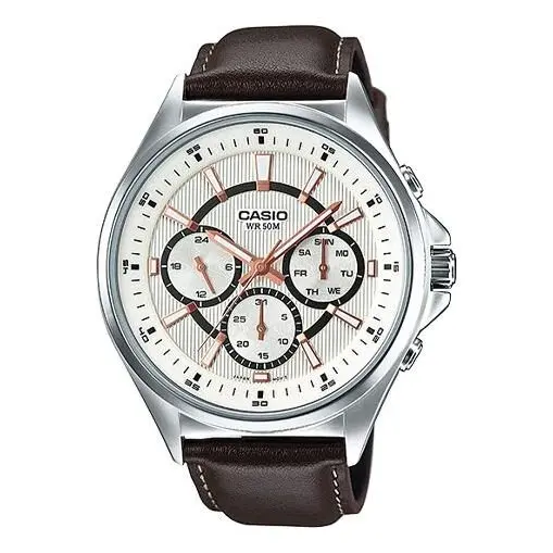Casio Analog Watch With Leather Strap - White