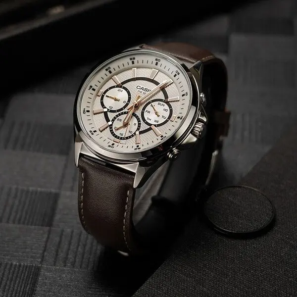 Casio Analog Watch With Leather Strap - White