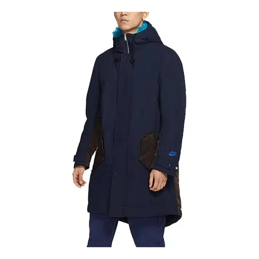 Nike Therma-fit White Space Back Large Logo Printing Colorblock Mid-length Hooded Jacket - Blue