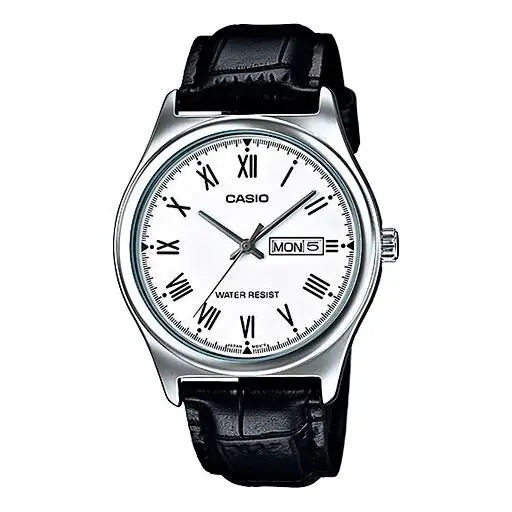 Casio Analog Quartz Watch With White Dial And Black Leather Strap - Whiteblack