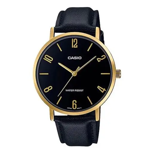 Casio Quartz Analog Watch With Leather Strap - Black