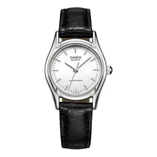 Casio Analog Quartz Watch With Black Leather Strap - Silver