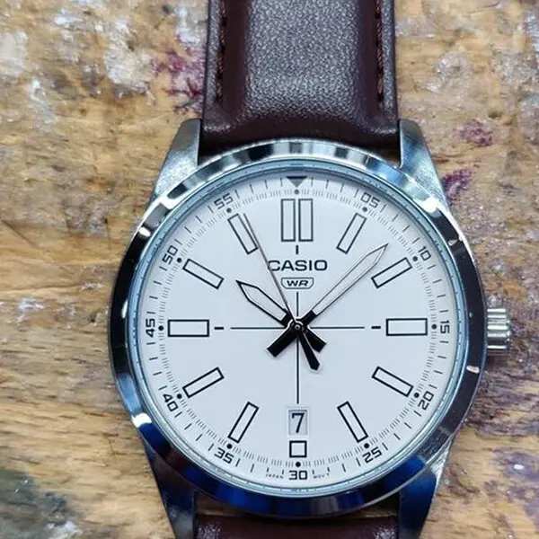 Casio Analog Watch With Leather Strap And Date Display