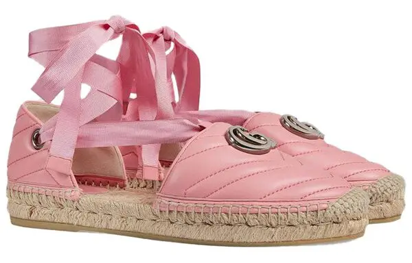 Gucci Pink Quilted Leather Espadrille Sandals With Ribbon Ties