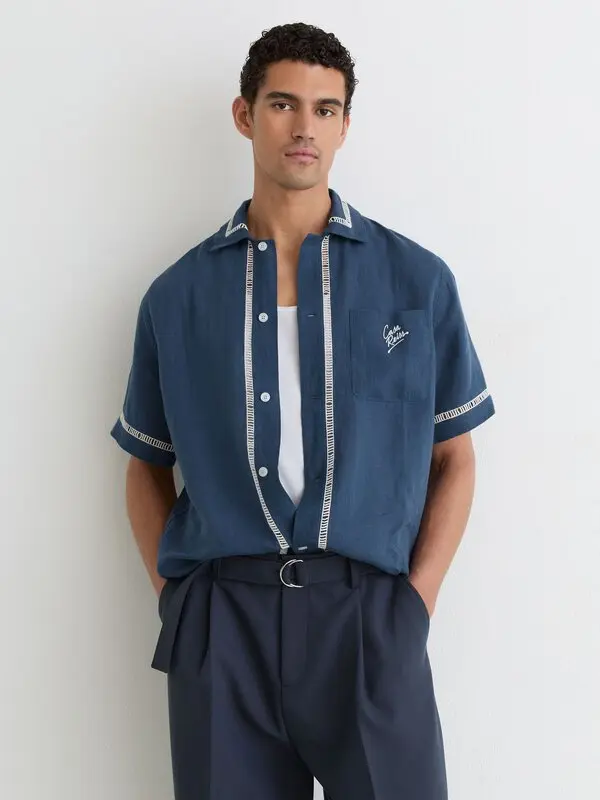 REISS Yamal Linen Embroidered Cuban-collar Shirt