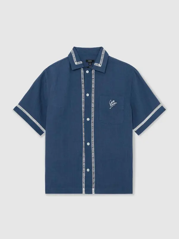 REISS Yamal Linen Embroidered Cuban-collar Shirt