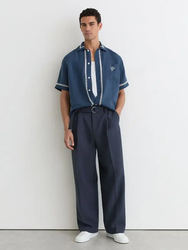 REISS Yamal Linen Embroidered Cuban-collar Shirt