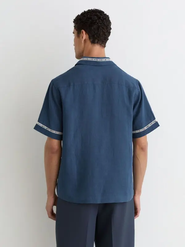 REISS Yamal Linen Embroidered Cuban-collar Shirt