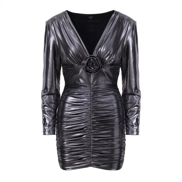 LITA COUTURE Ruched Floral-appliqué Metallic Dress - Grey