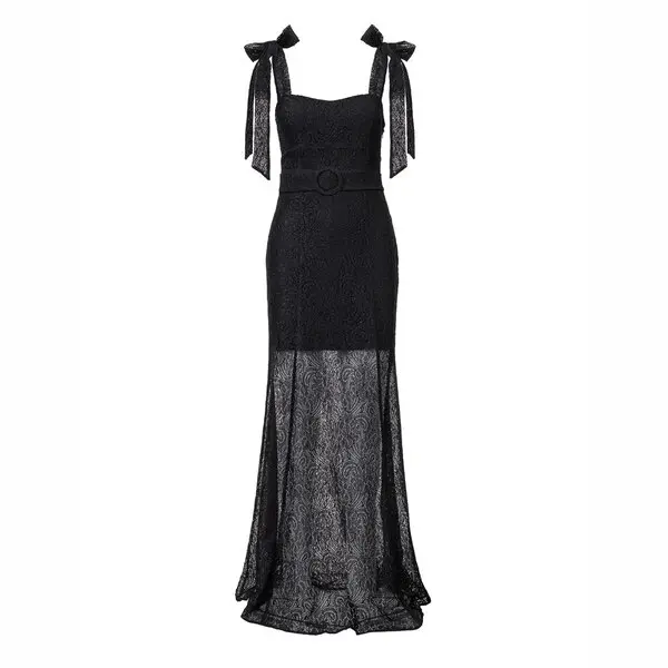 LITA COUTURE Ribbon-strap Flared Maxi Dress In Lace - Black