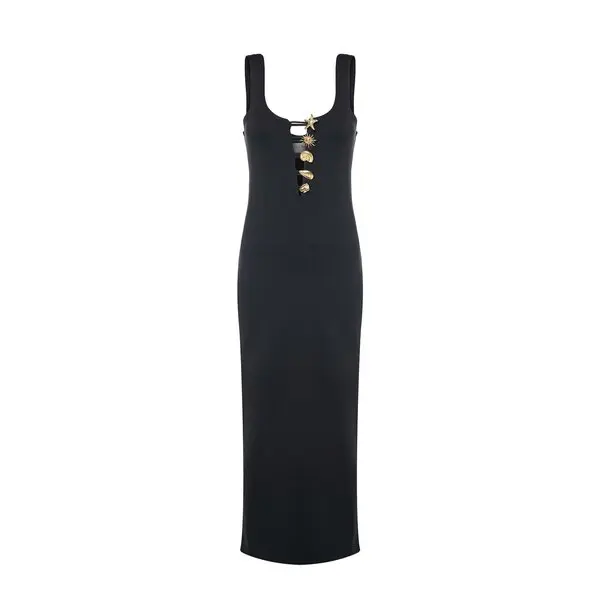 WOMEN & WOMEN Bodycon Maxi Dress With Decorative Gold Buttons - Black