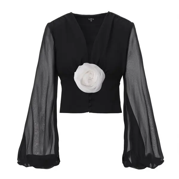 LITA COUTURE Ample-sleeve Georgette Silk Top - Black