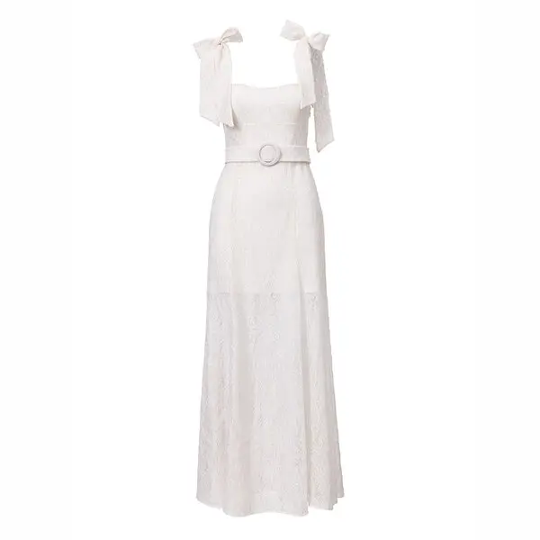 LITA COUTURE Ribbon-strap Flared Maxi Dress In Lace - White