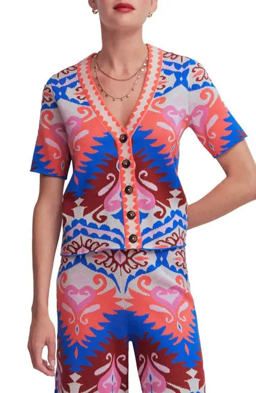 Boden Short Sleeve Jacquard V-neck Cardigan - Aztec