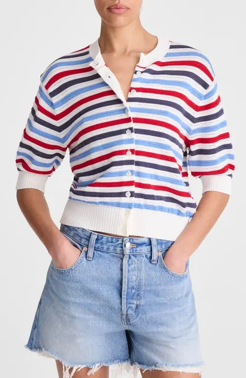Madewell Textured Stripe Short Sleeve Cotton Cardigan - Ivory Pop Color Multi Stripe