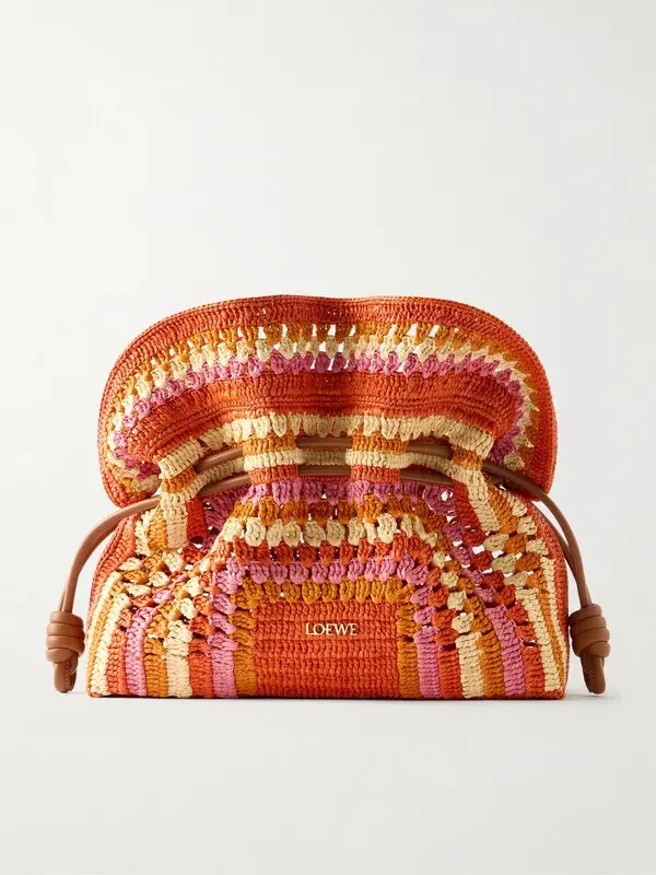 Loewe Mini Crocheted Raffia Clutch With Leather Trim - Orange