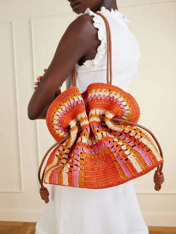Loewe Mini Crocheted Raffia Clutch With Leather Trim - Orange